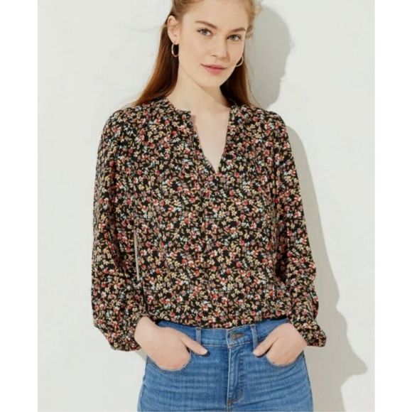 LOFT | Tops | New Loft Floral Shirred Ruffles Mock Neck Casual Button ...